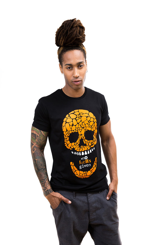 Mens Orange Skull T-Shirt – #NoFuchsGiven
